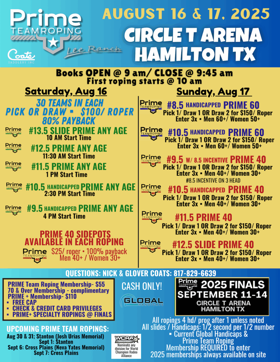 Prime Team Roping - Circle T Arena | Hamilton, Texas